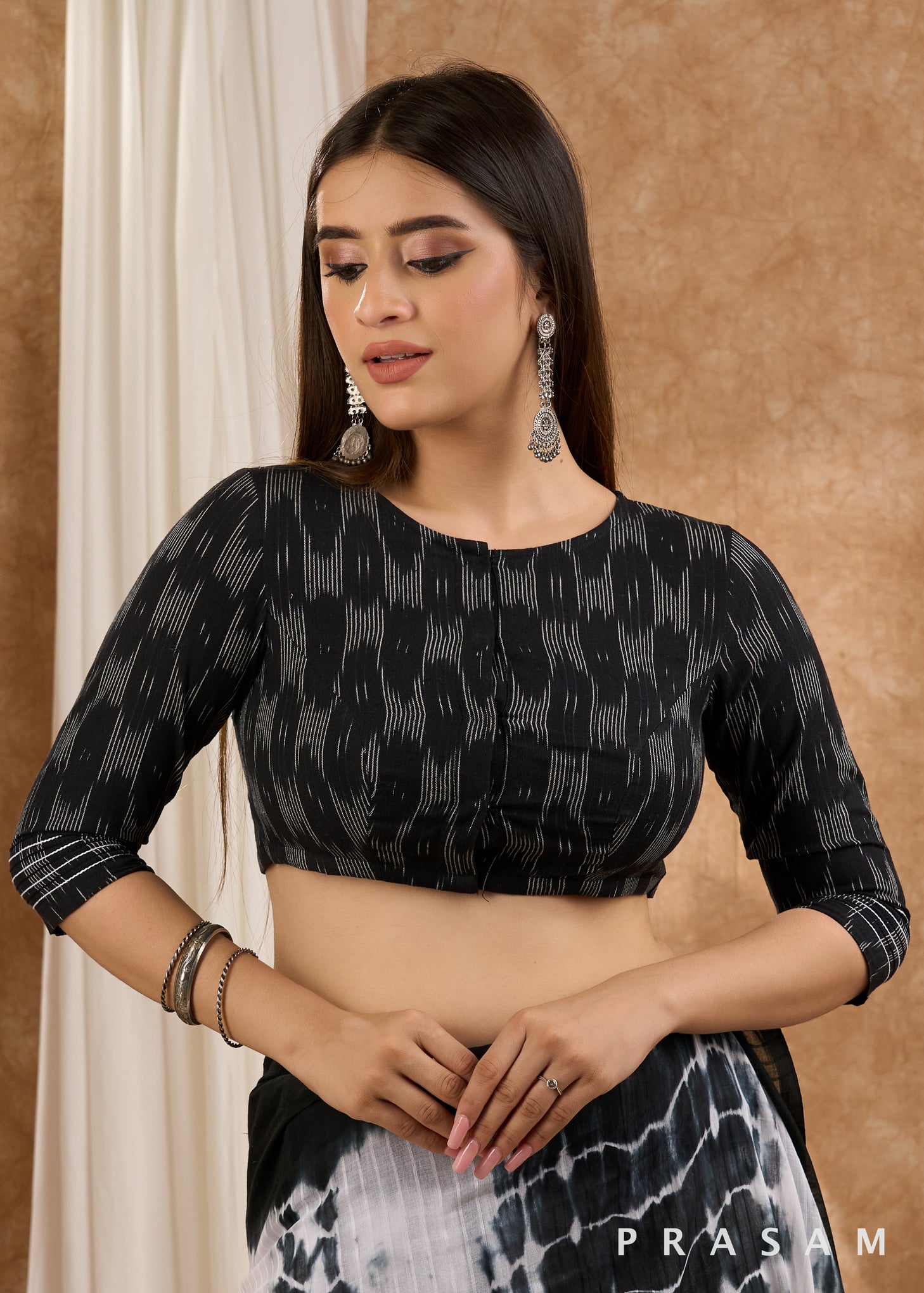 Black Ikat Blouse with White Embroidery Stitch Lines on Back and Sleev