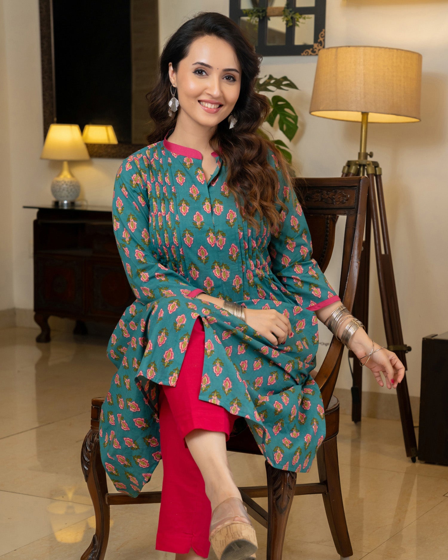 Verdant Elegance Printed Green Cotton Mul Kurti with Front Pin Tucks