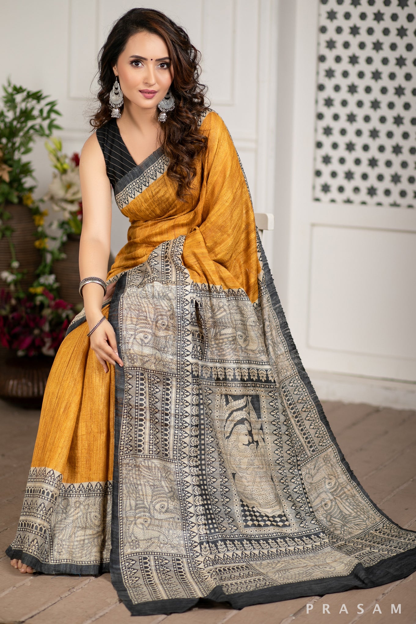 Stunning Mustard Yellow Tussar Gichha Printed Saree: Exquisite ...