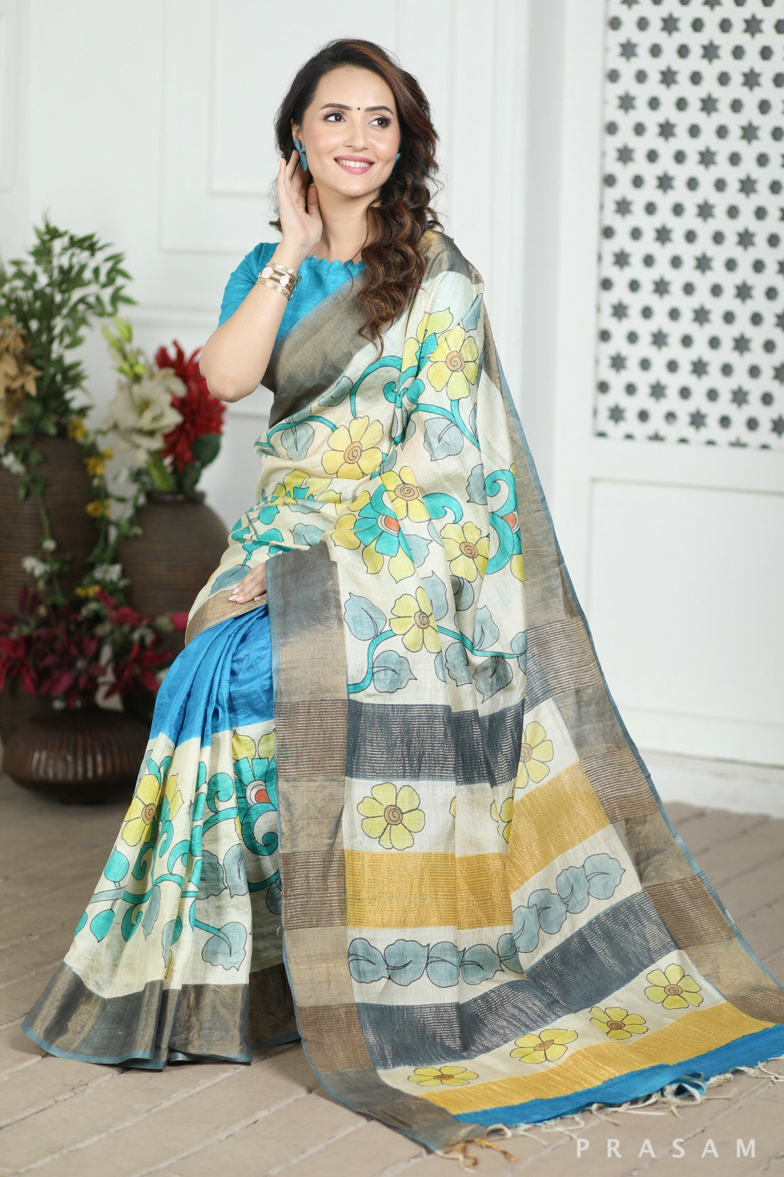 Forest Wild Kalamkari Tussar Silk Saree