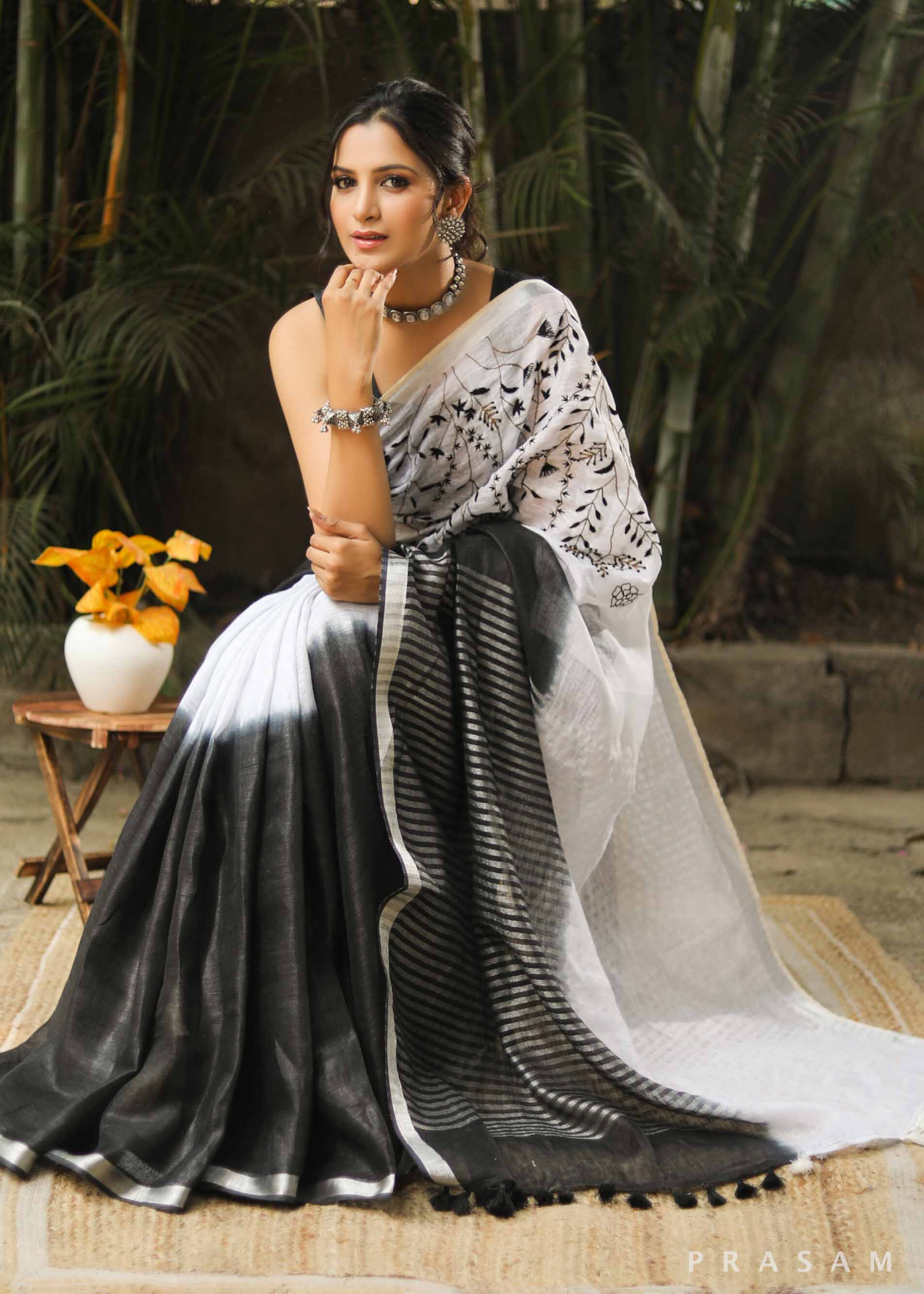 Black French Knot Linen Hand Embroidery Saree| Prasam Crafts