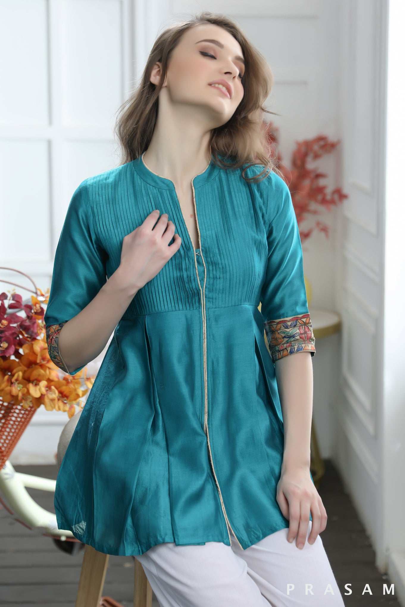 Beautiful Chanderi Teal Tunic with Pintucks and Madhubani Trims