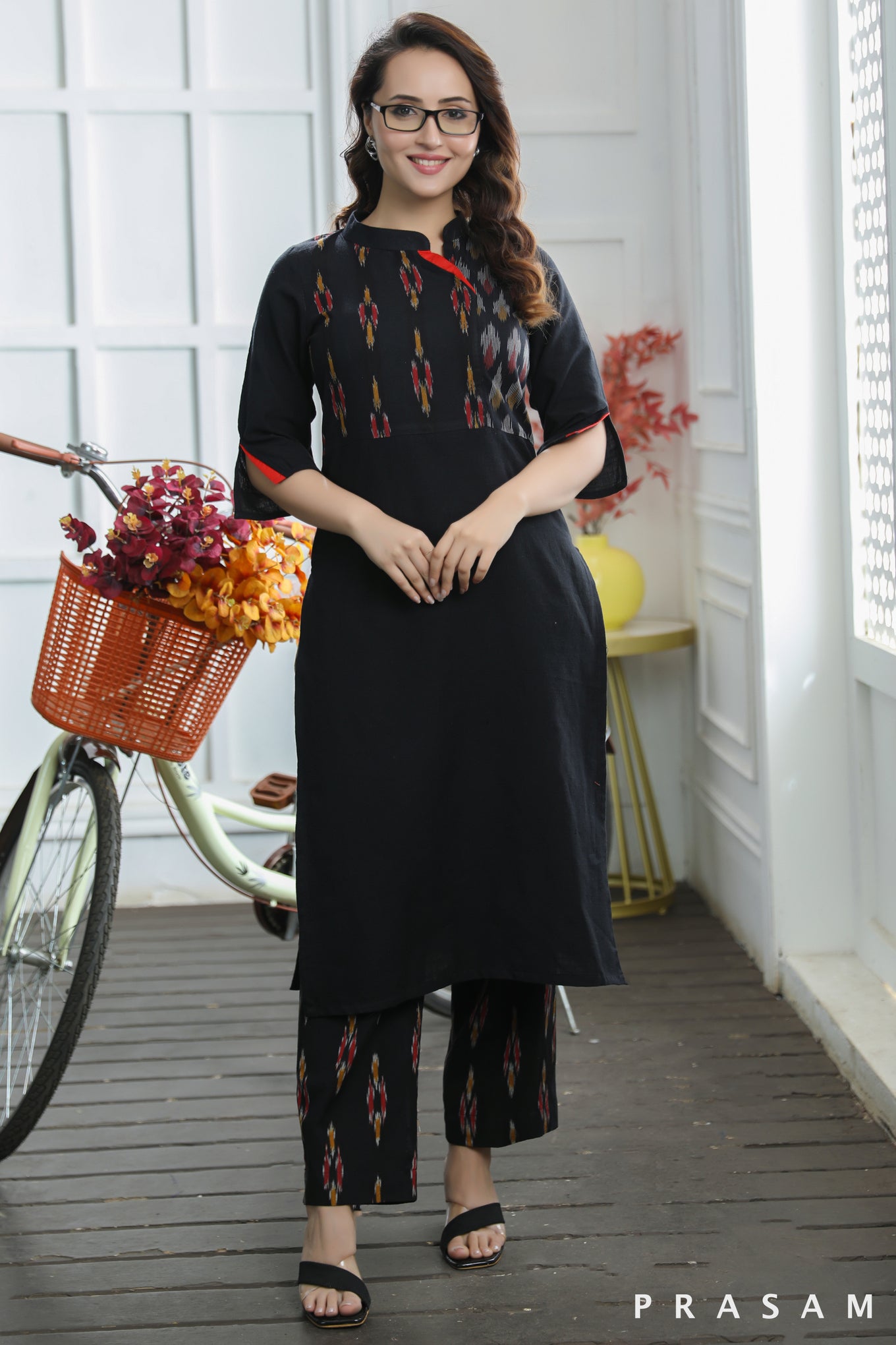 Black Handloom Cotton Kurti With Ikat Infusion (Optional Pants)