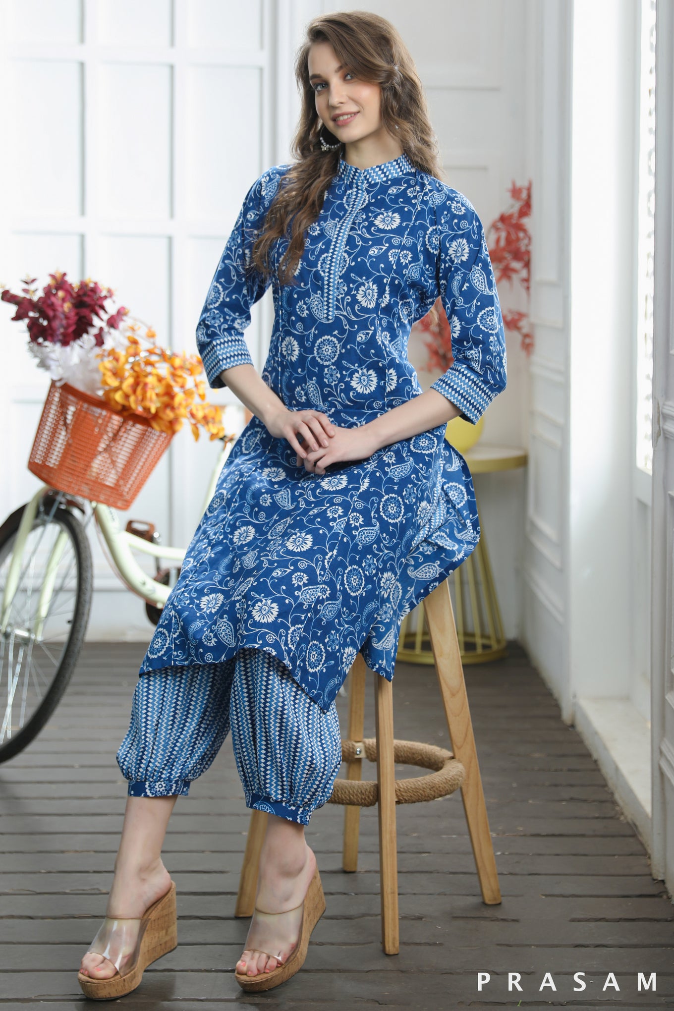 Anshu Trendy Blue Straight Cut Jaipuri Cotton Kurti with Afghani Salwa