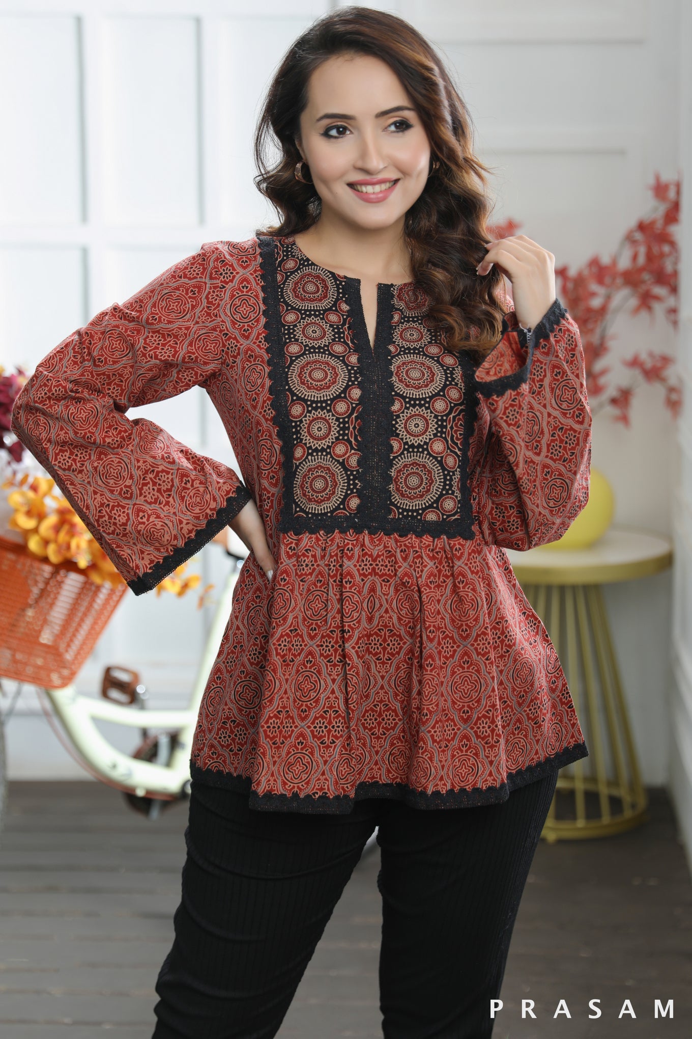 Cotton Ajrakh Combination Tunic With Lace Trims