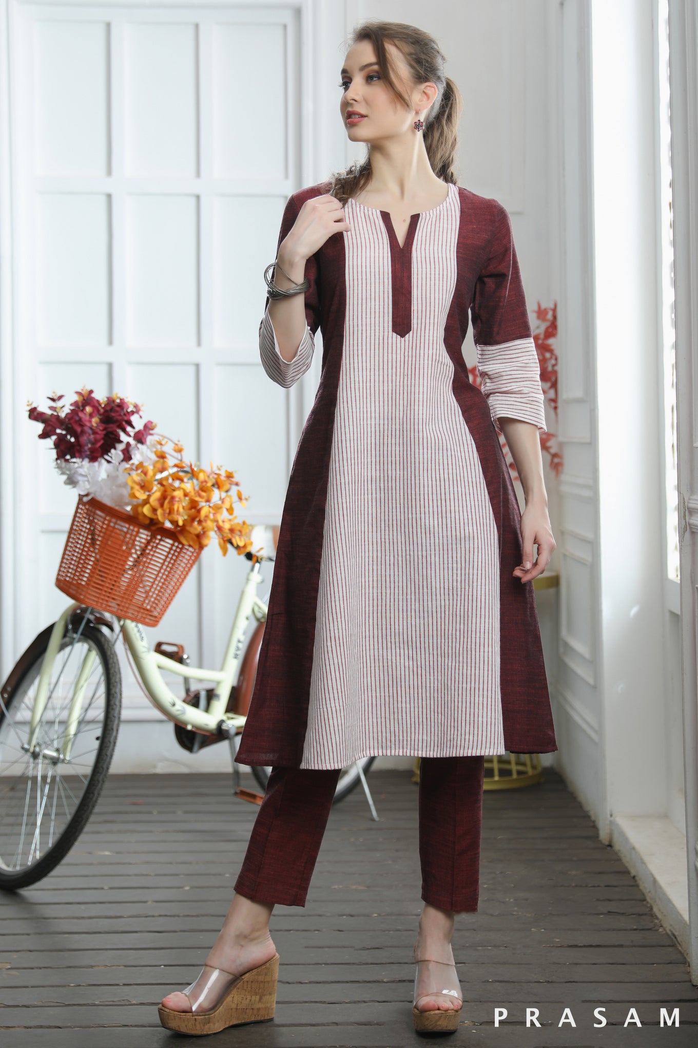 Plain Maroon Cotton Handloom With Stripes A-line Kurti (Optional Pants)