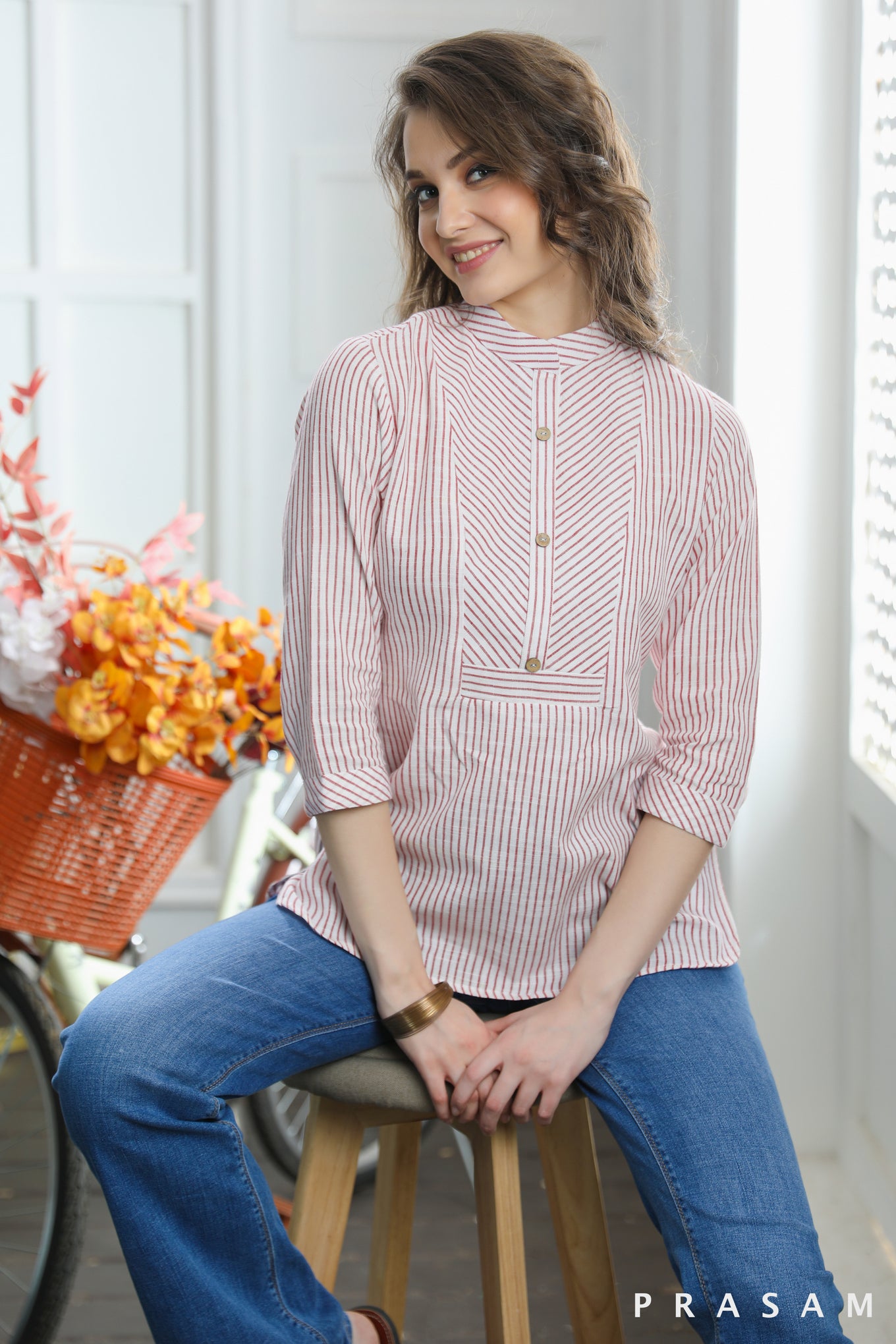 Classy Handloom Cotton Stripe Tunic With Wooden Buttons