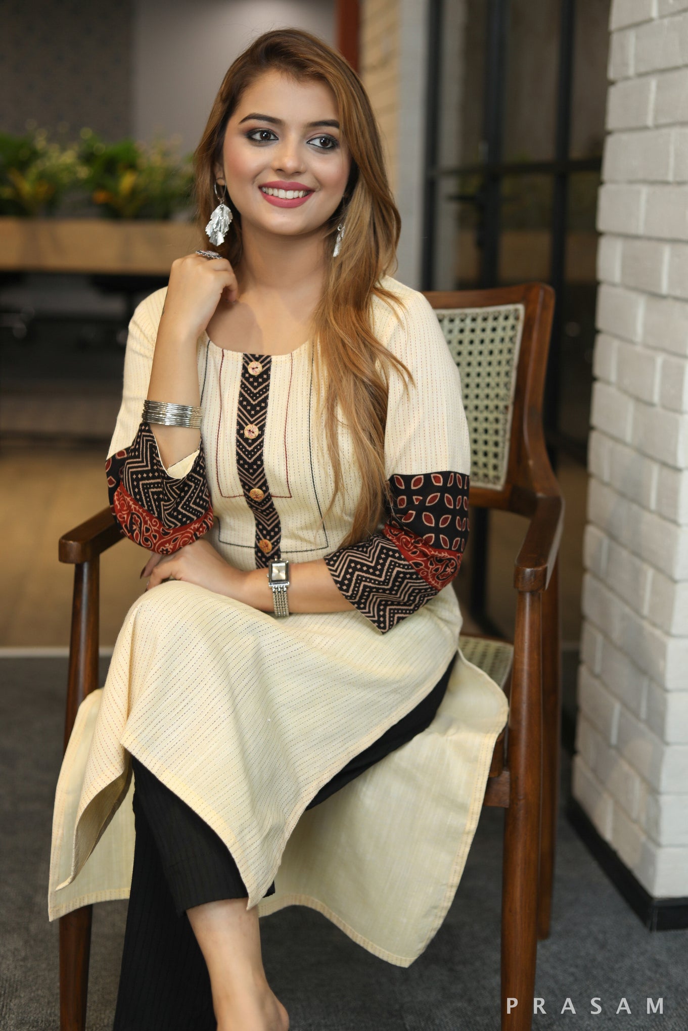 Surajmukhi lemon yellow straight cut handloom kurti with ajrakh trim d