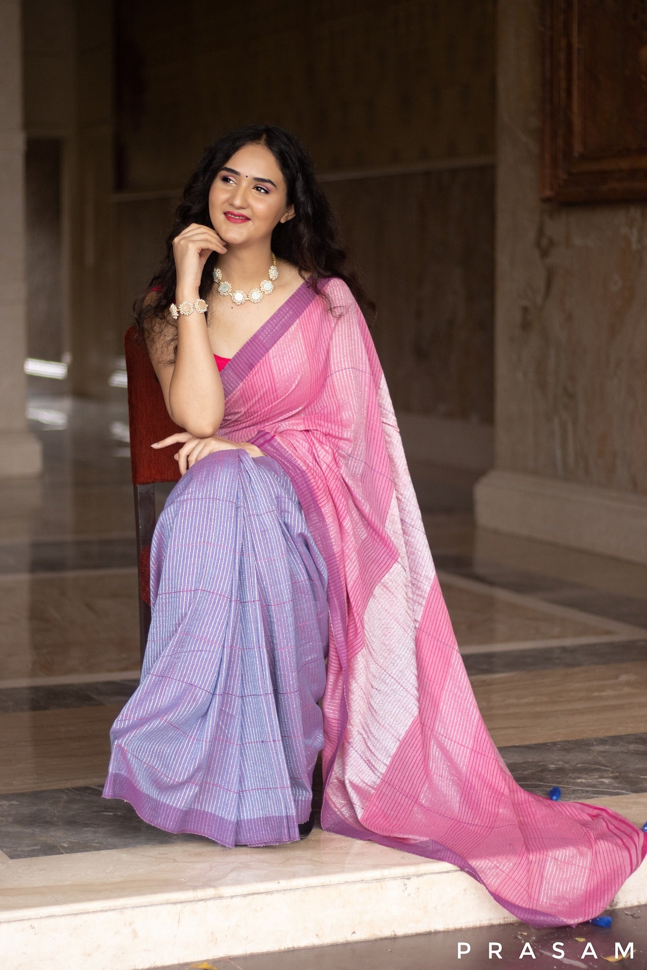 Rosey Orchids-Cotton Zari Handwoven Saree – Prasam Crafts